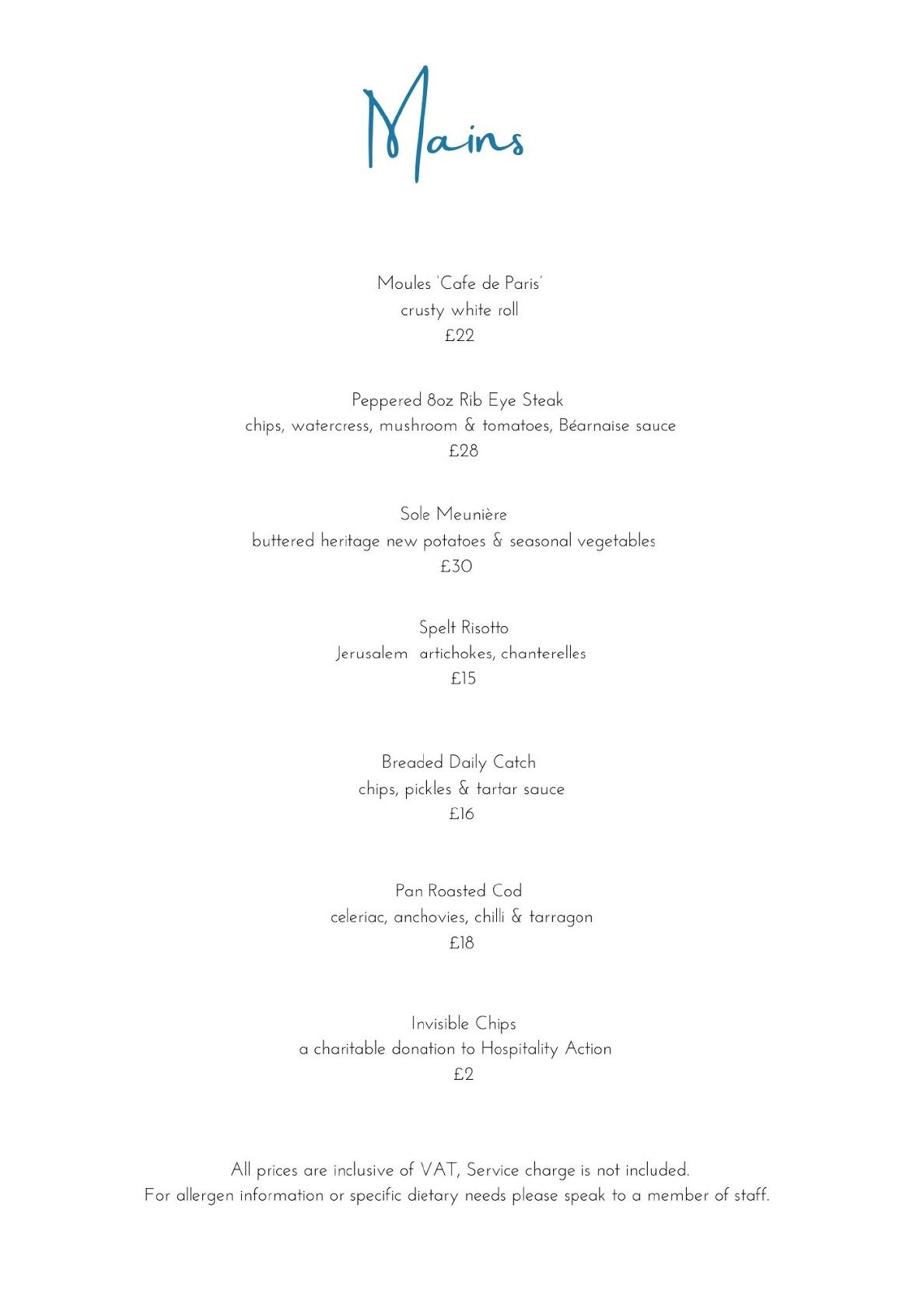 Menu at Tom's Lyme Regis restaurant, Lyme Regis