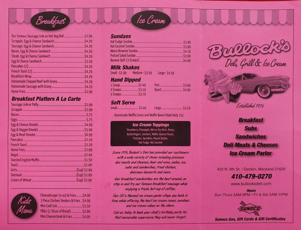 Menu at Bullock's Deli restaurant, Denton
