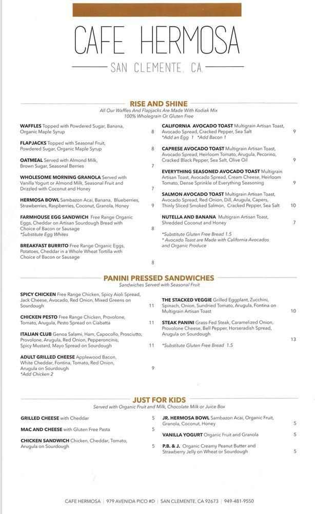Menu at Cafe Hermosa, San Clemente, 979 Avenida Pico