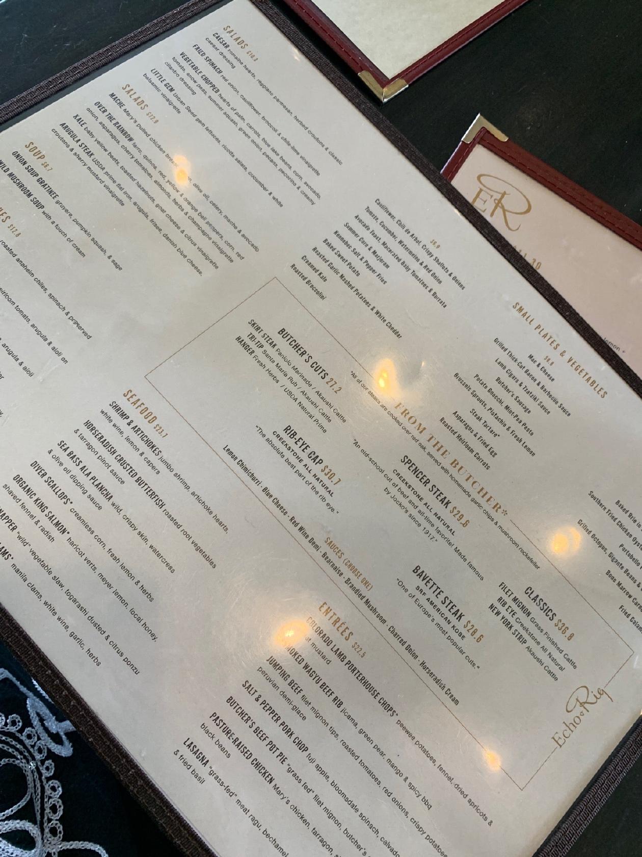 Menu at Echo & Rig Butcher and Steakhouse, Las Vegas