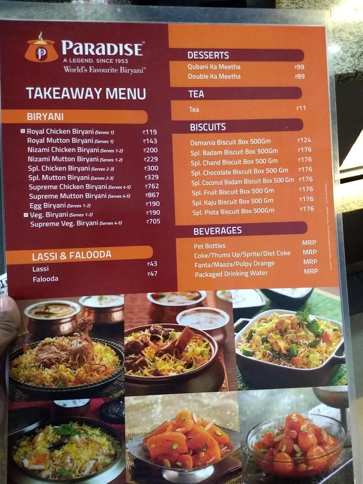 Menu at Paradise Biryani MGBS, Hyderabad, Bus Stand