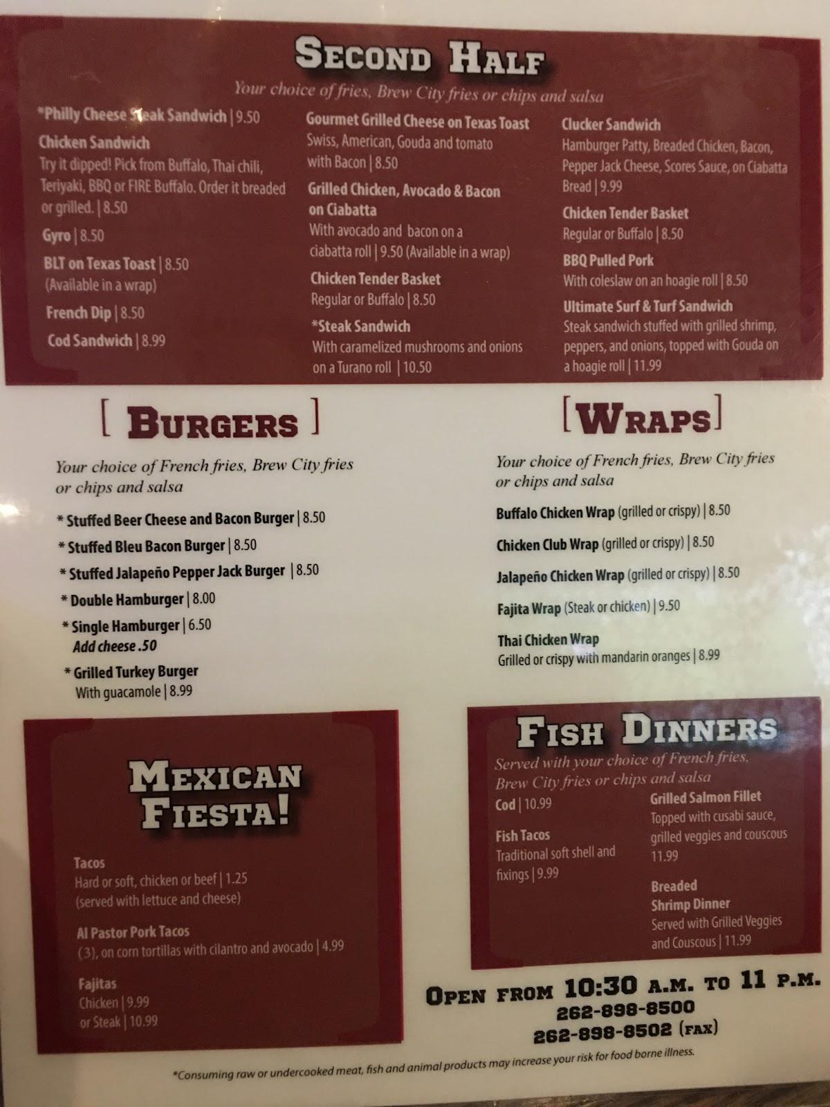 Menu at Scores pub & bar, Racine, Washington Ave