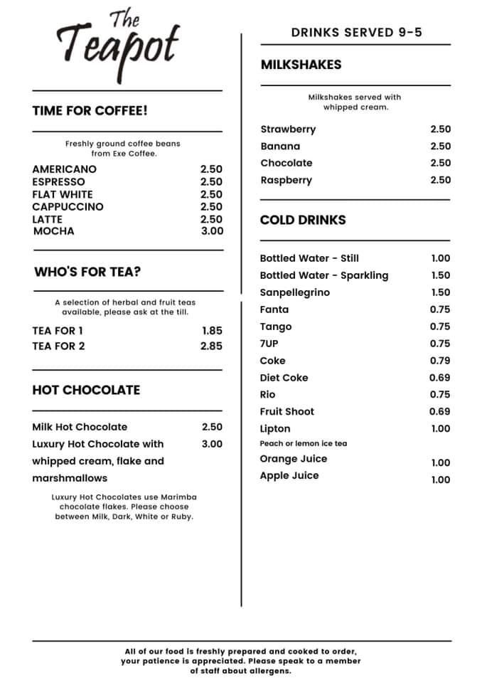 Menu at The Teapot Cafe, Axminster, Gammons Hill