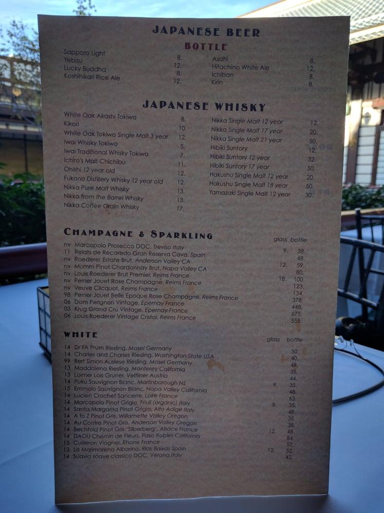 Menu at Yamashiro Hollywood restaurant, Los Angeles