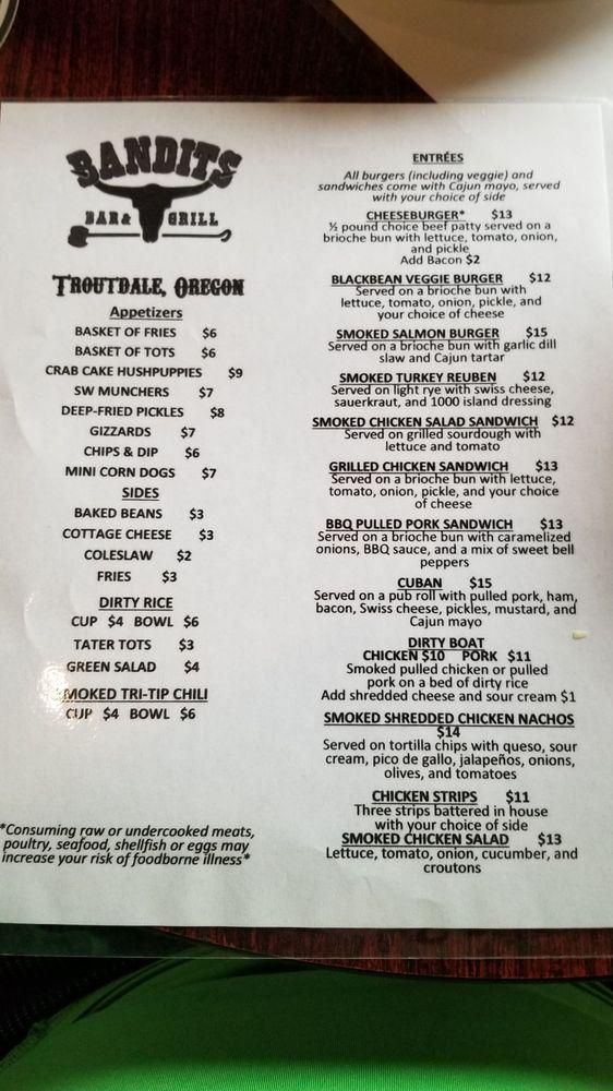 Menu at Bandit's Bar & Grill, Troutdale
