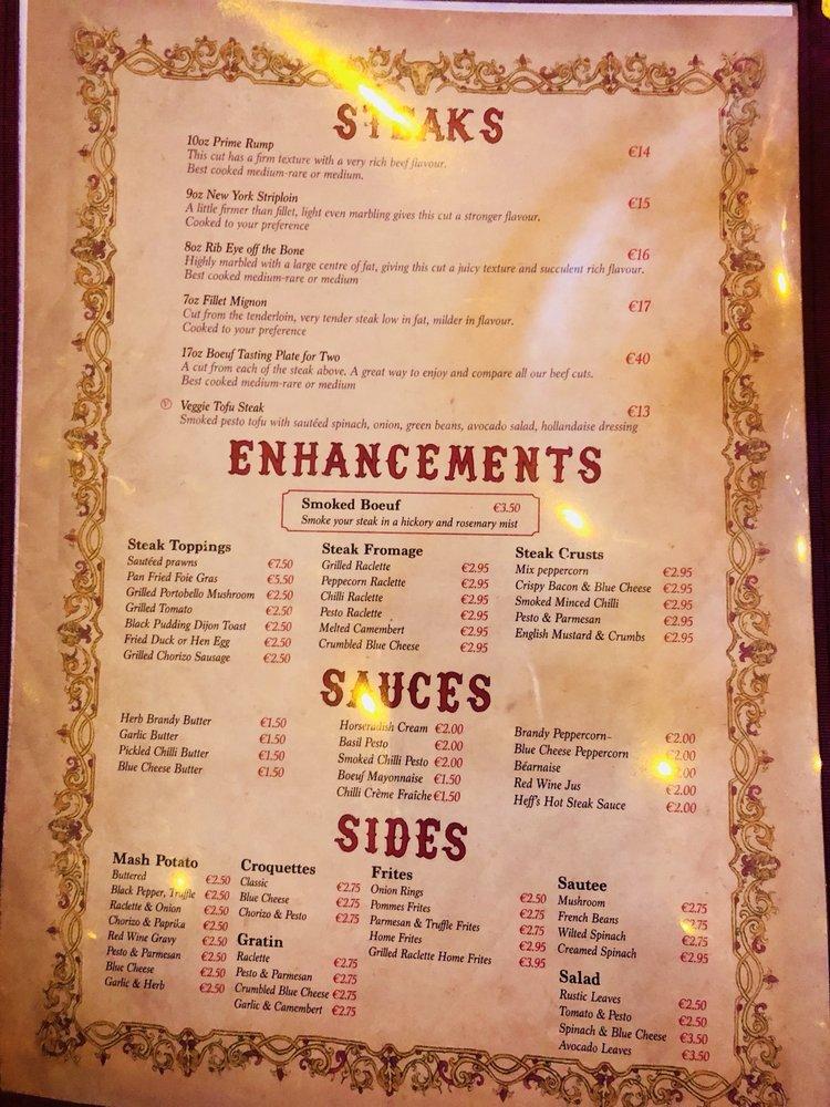 Menu at Boeuf steakhouse, Dublin