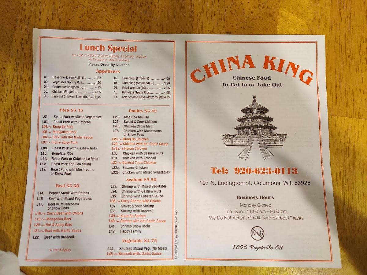 Menu at China King restaurant, Columbus