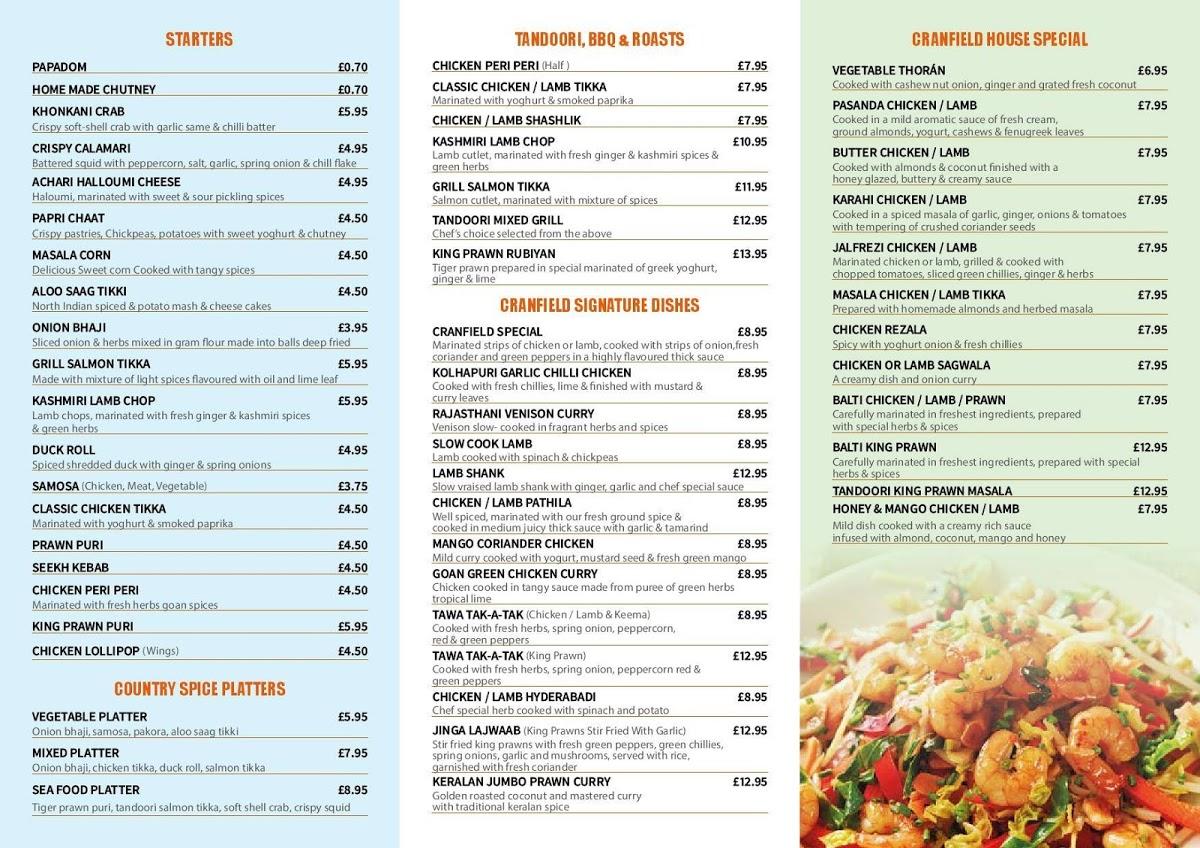 Menu at Cranfield Spice restaurant, Cranfield