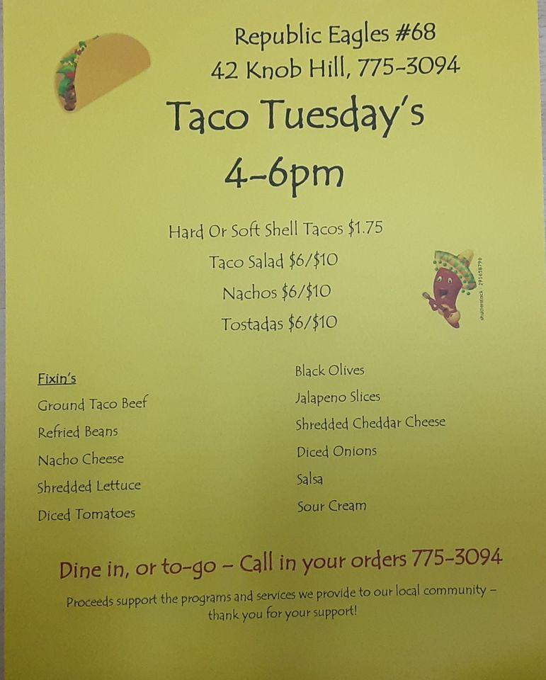 Menu at Fraternal Order of Eagle's #68 Republic, Wa, Republic