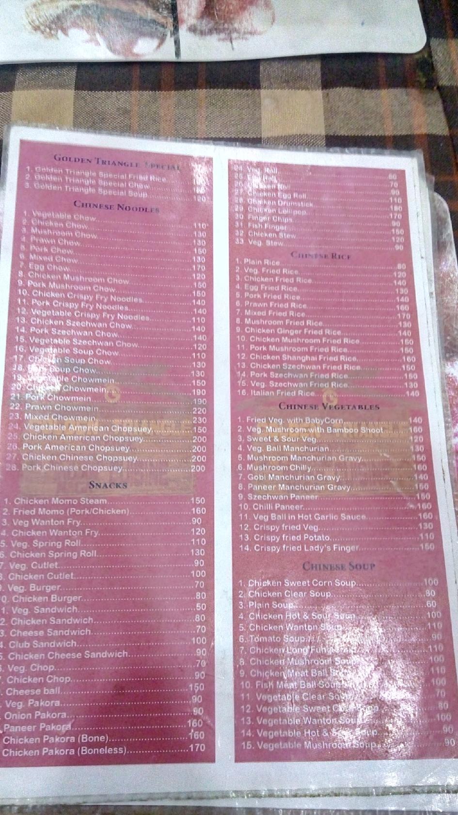 Menu at Golden Triangle, Shillong