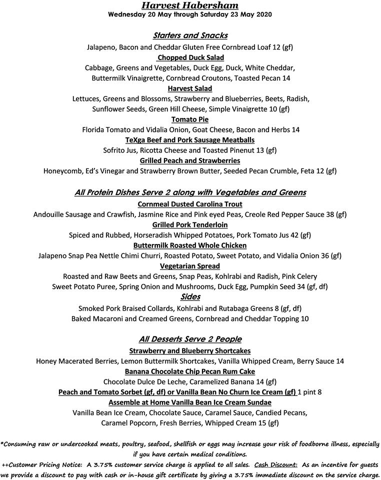 Menu at Harvest Habersham restaurant, Clarkesville