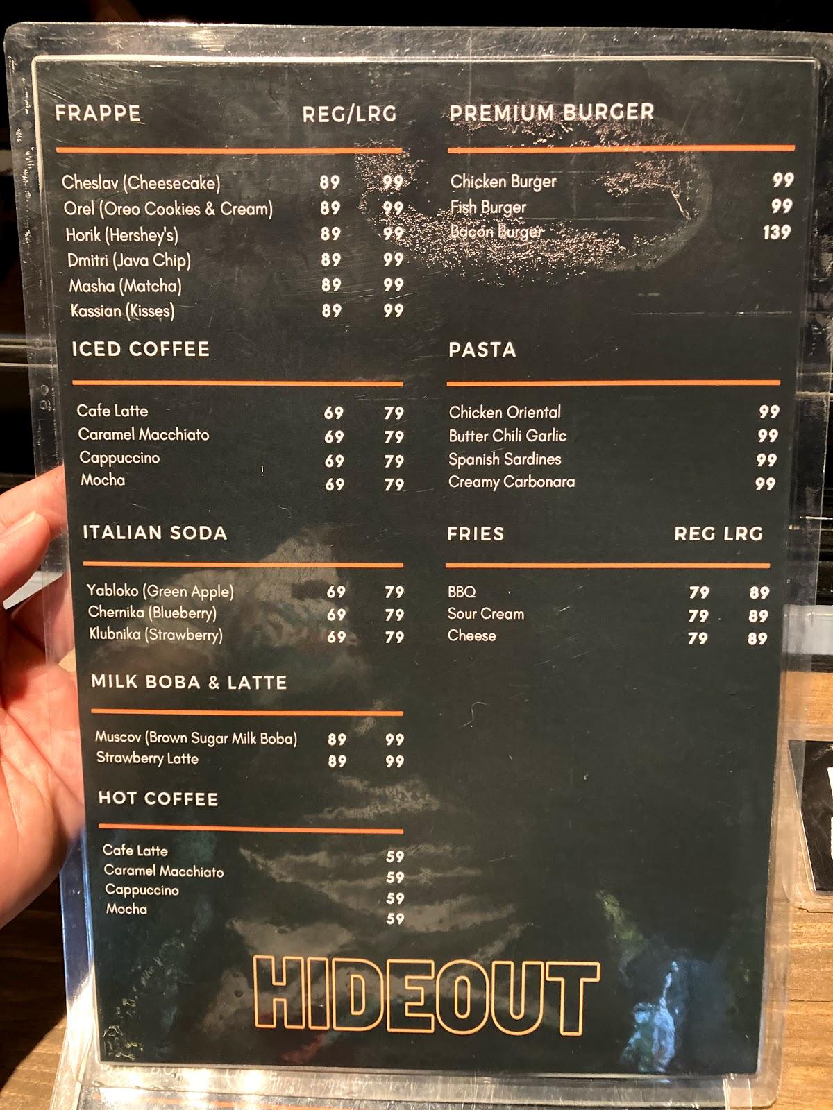 Menu at Hideout Antipolo cafe, Antipolo