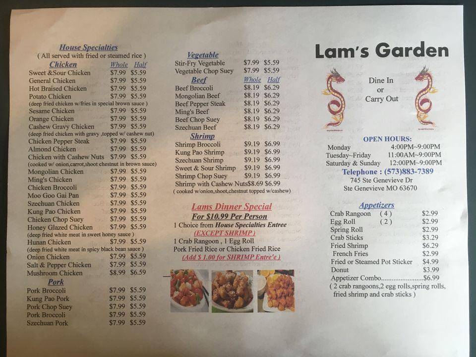 Menu at Lam's Garden restaurant, Ste. Genevieve