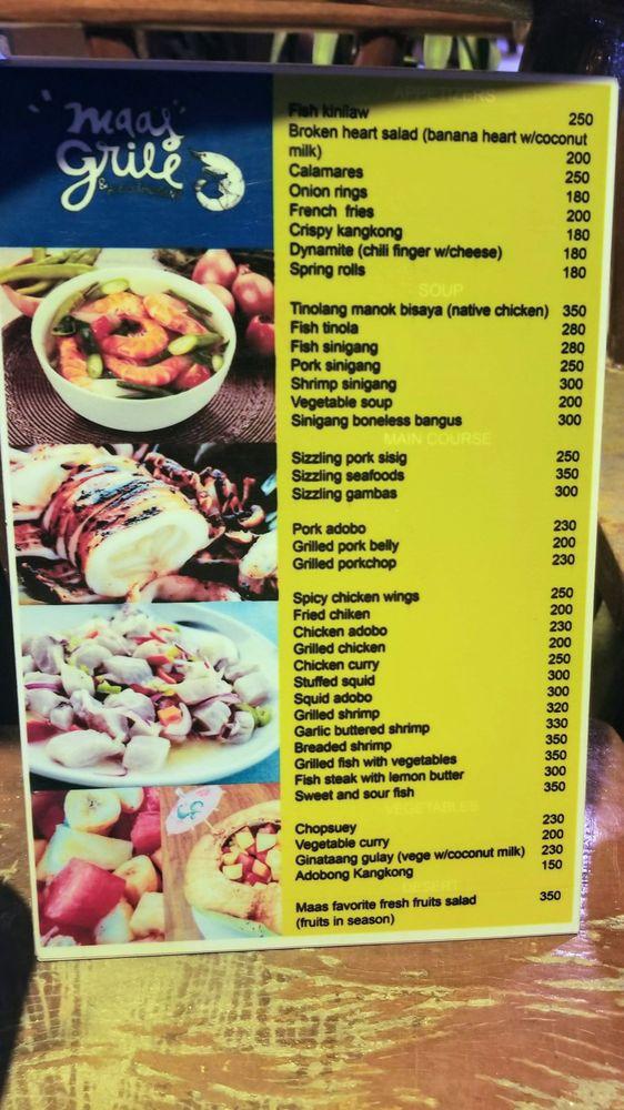 Menu at Maa's Grill restaurant, El Nido