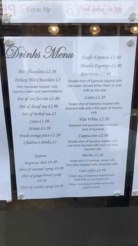 Menu at Miss Adelaide cafe, Skegness