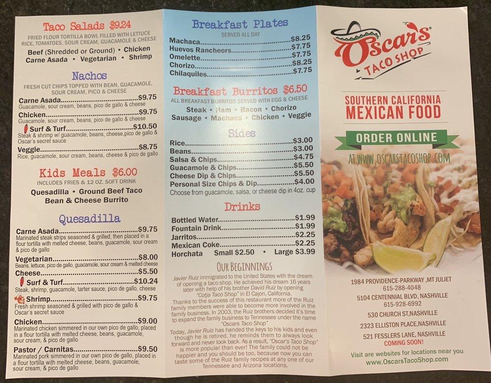 Menu at Oscar's Taco Shop restaurant, Mount Juliet
