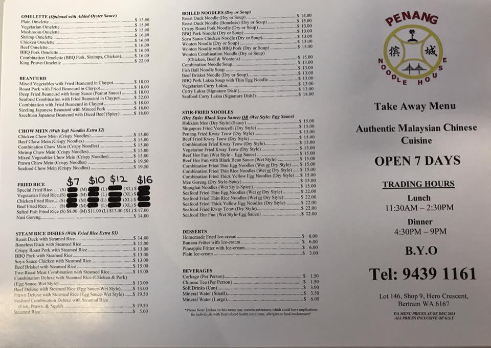 Menu at Penang Noodle House restaurant, Bertram