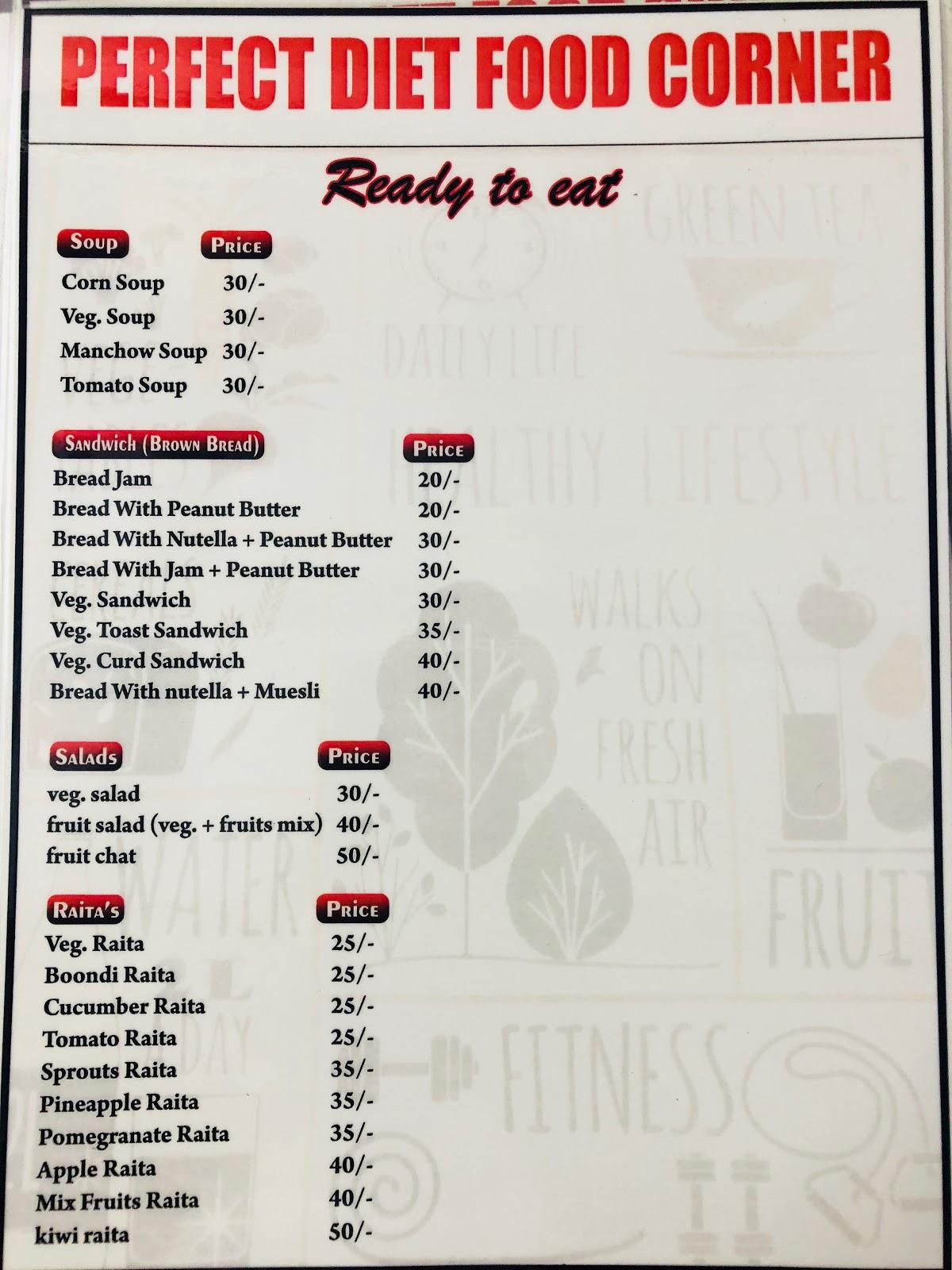 Menu at Perfect Diet Food Corner, Ankleshwar, B-110 city centre near ...