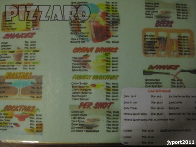 Carta del restaurante Pizzaro, Iloílo, MHX6+4JX Lorton Building