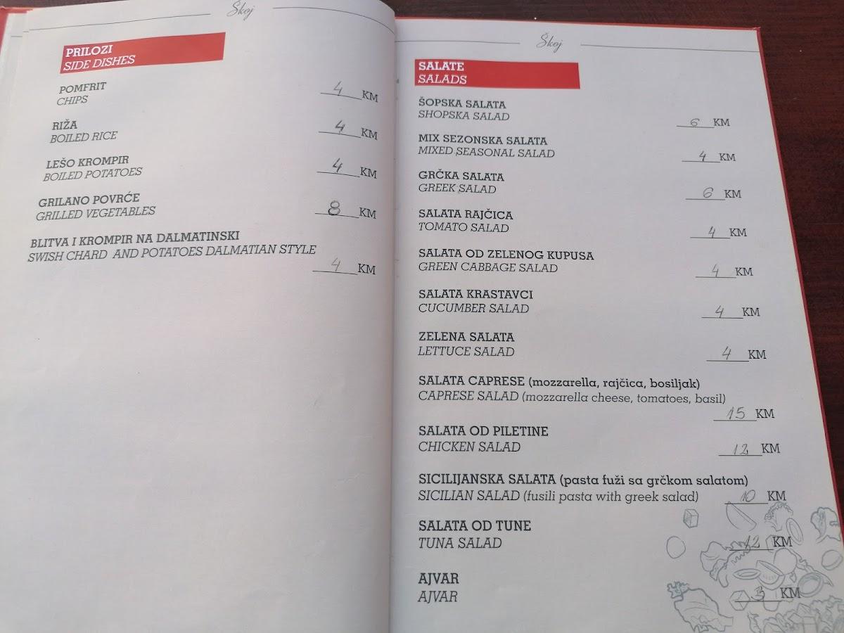 Menu at Škoj restaurant, Neum