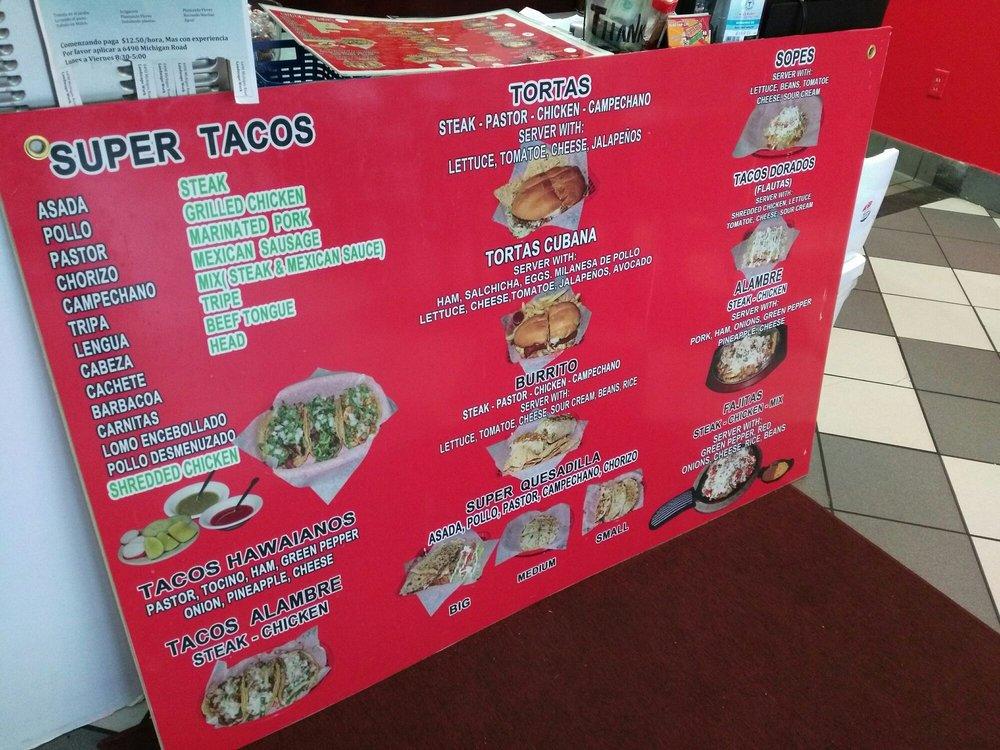 Menu at Super Tacos restaurant, Indianapolis, Michigan Rd