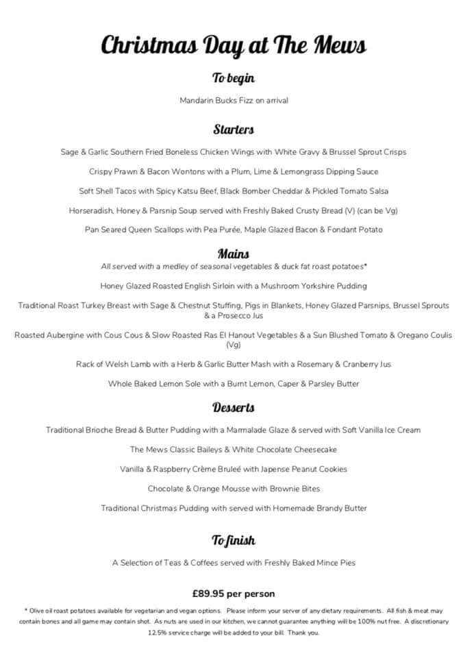 Menu at The Mews restaurant, Southend-on-Sea