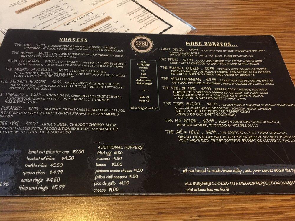 Menu at 5280 Burger Bar, Denver, 500 16th St Mall Suite 160