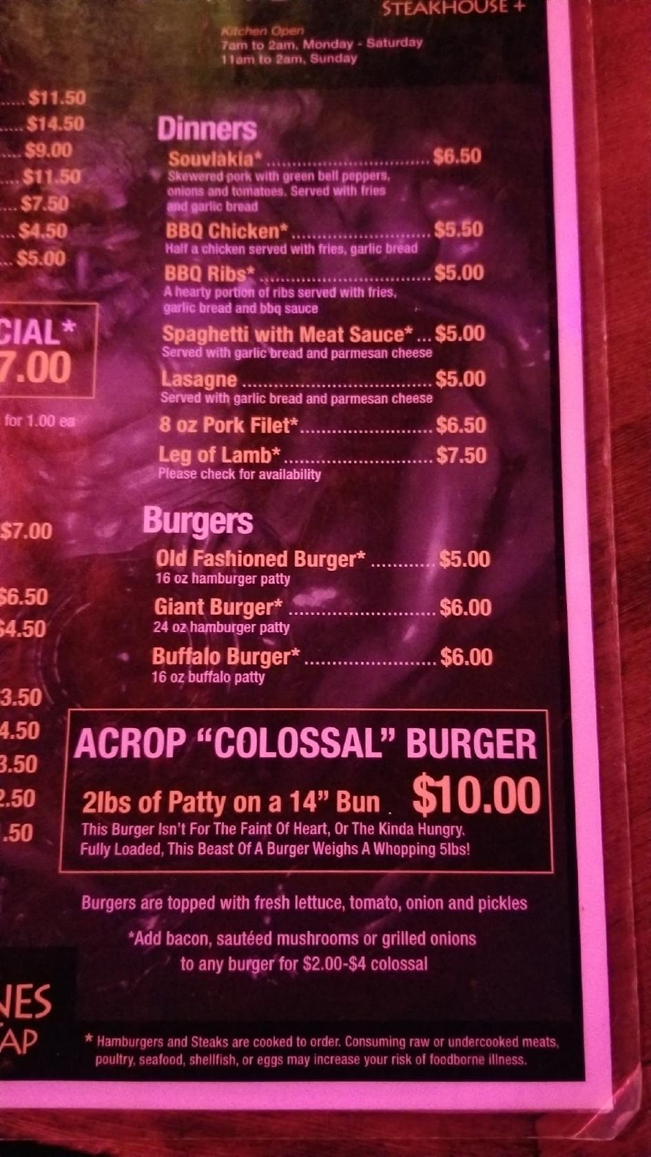 Menu at Acropolis Steakhouse, Portland