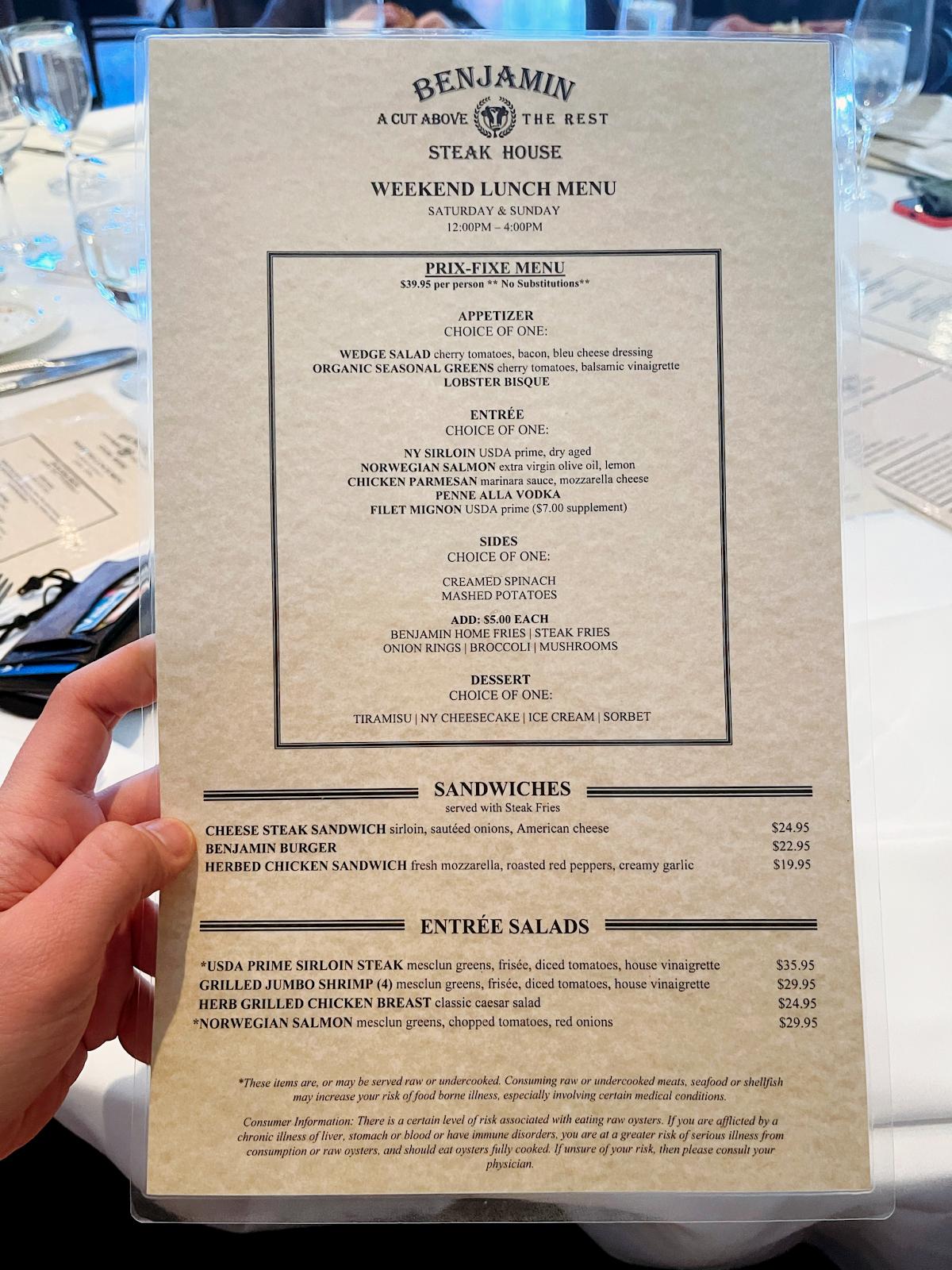 Menu at Benjamin Steakhouse, White Plains