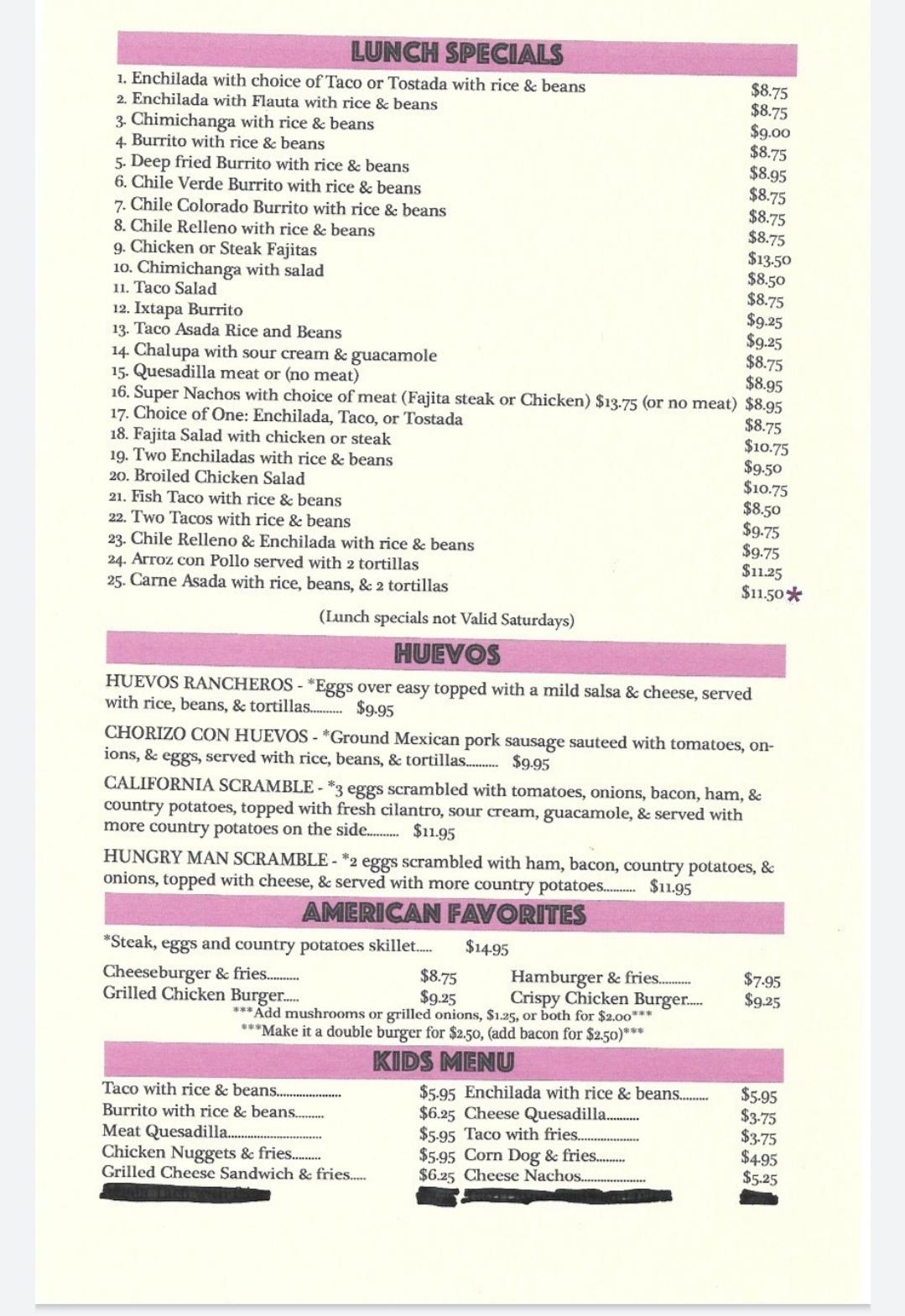Menu at Ixtapa Restaurant, Sultan