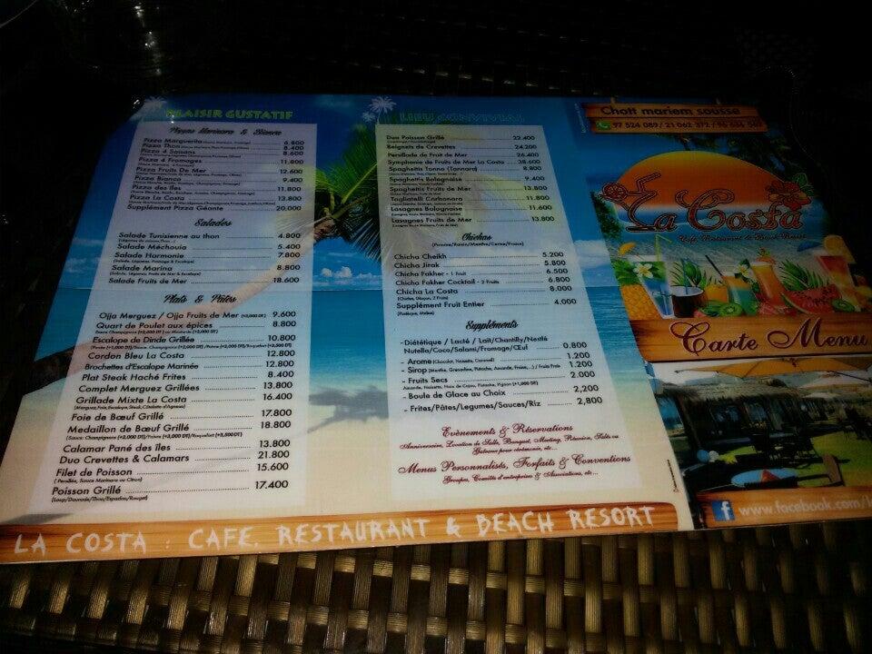 Menu at La Costa cafe, Hammam Sousse, WHM7+CJW، chott mariem