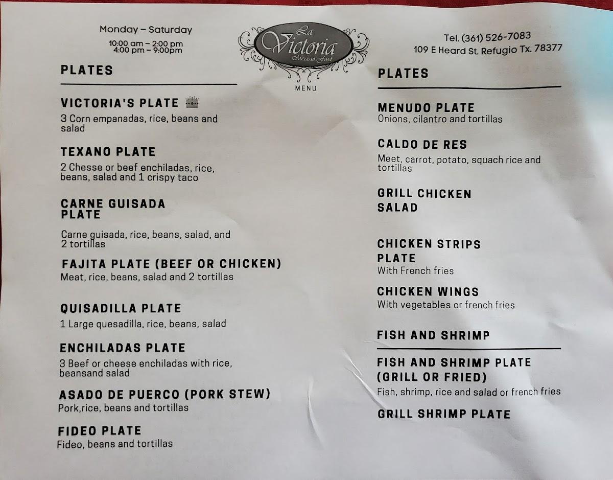 Menu at La Victoria Mexican Food restaurant, Refugio