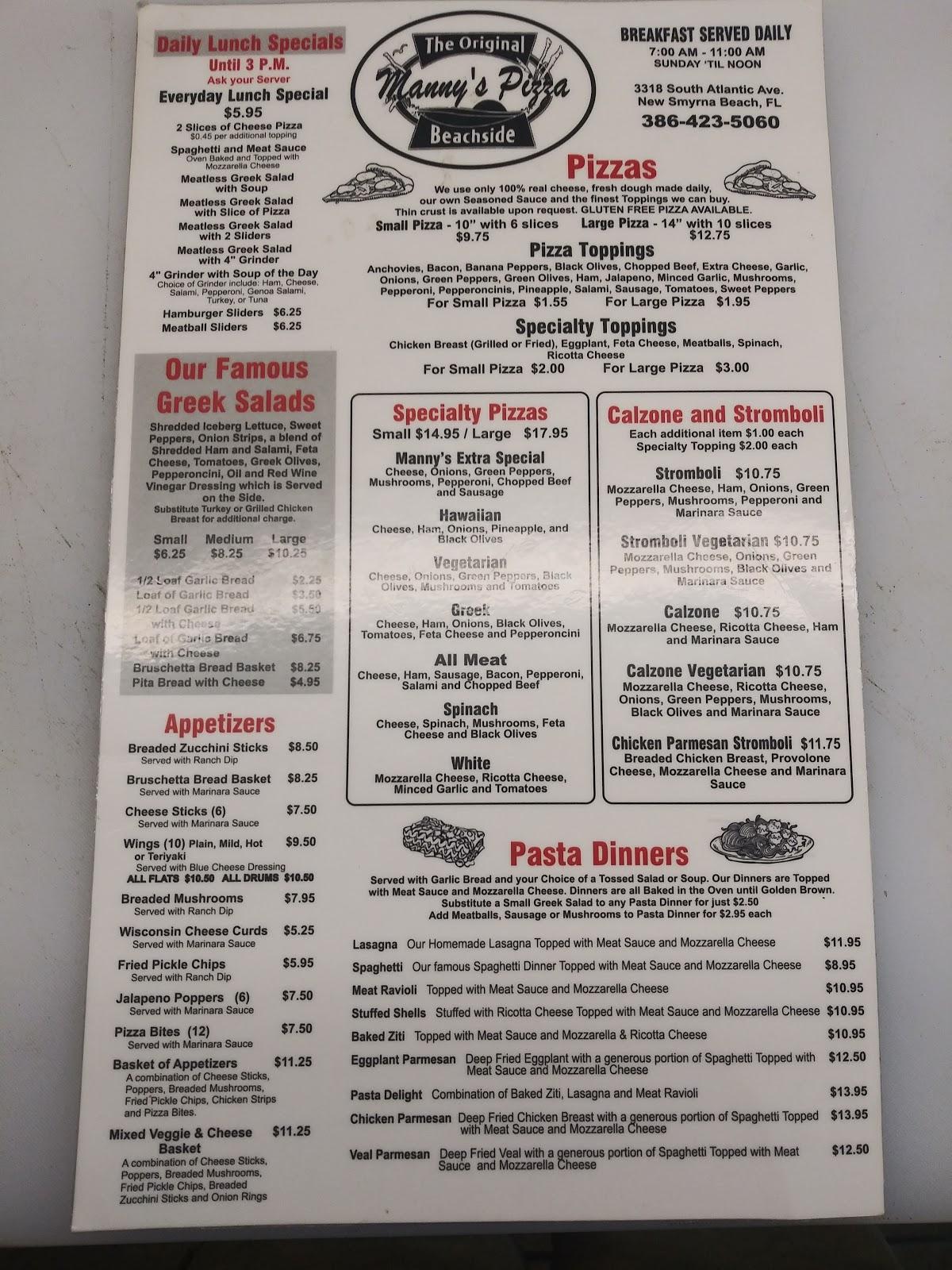 Menu at Manny's Pizza Beachside pizzeria, New Smyrna Beach