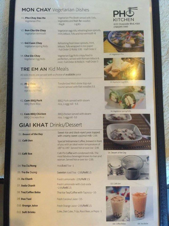 Menu at Pho Kitchen restaurant, San Diego, Mira Mesa Blvd