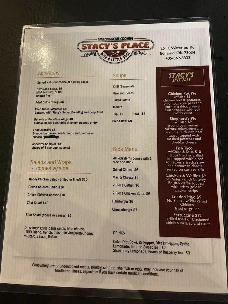 Menu at Stacy's Place restaurant, Edmond, 251 E Waterloo Rd