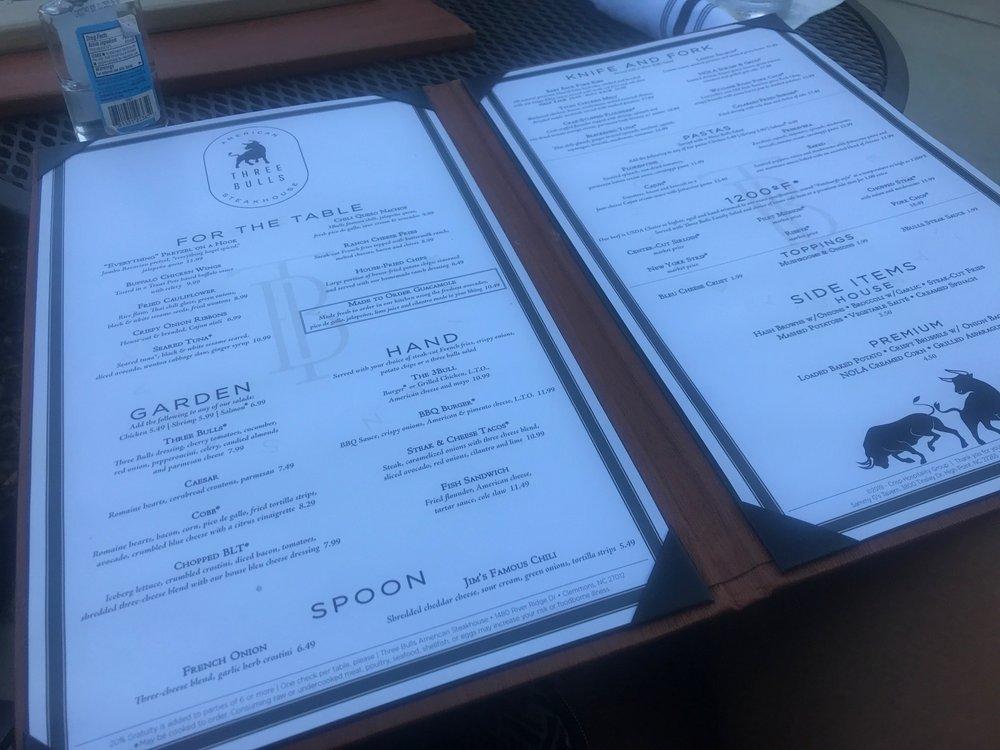 Menu at Three Bulls American Steakhouse, Clemmons