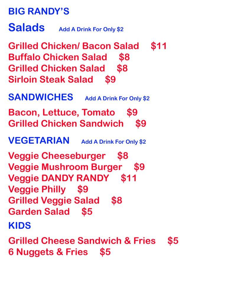 Menu at Big Randy’s restaurant, Tallahassee