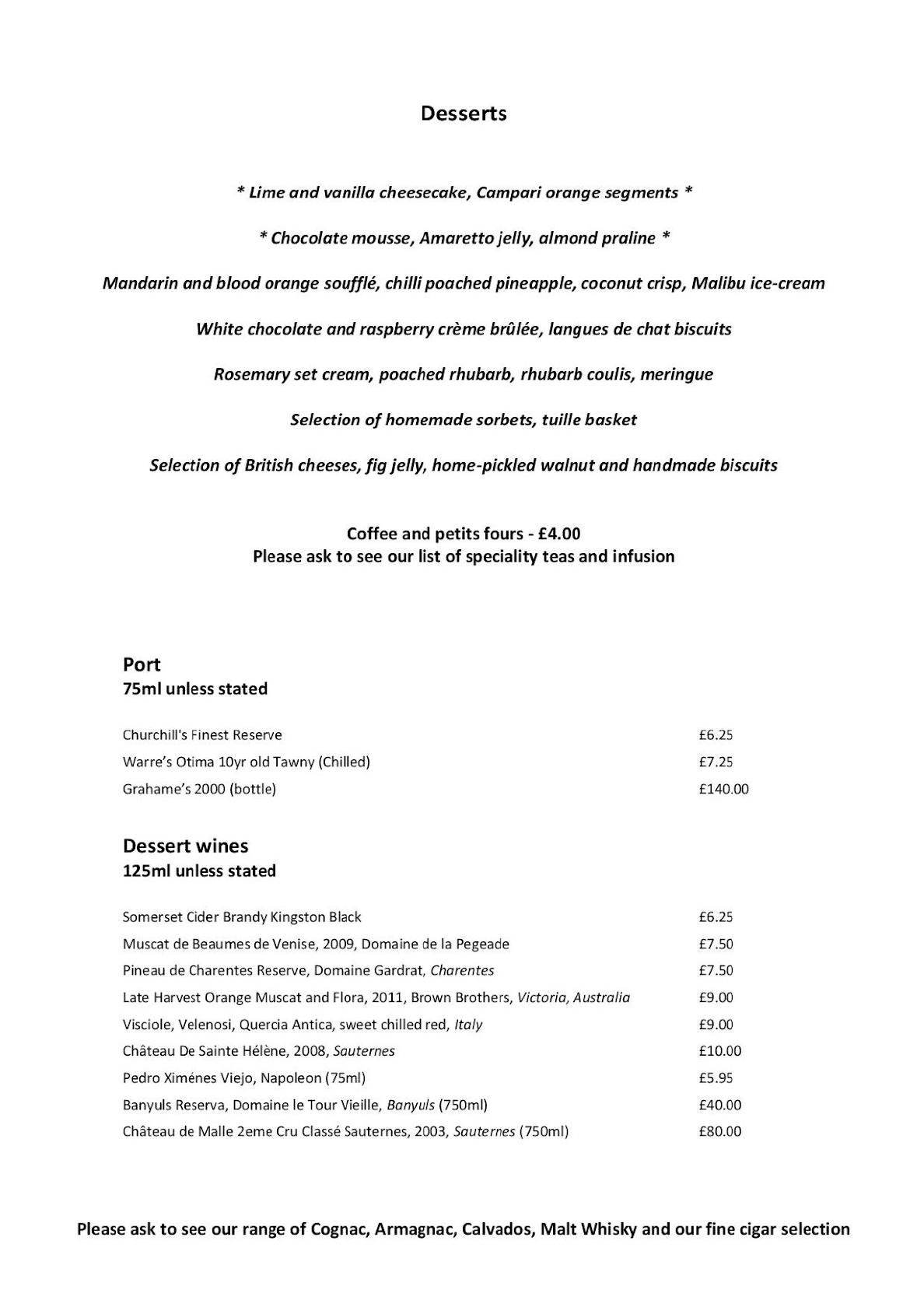 Menu at Teffont House Hotel restaurant, Tisbury