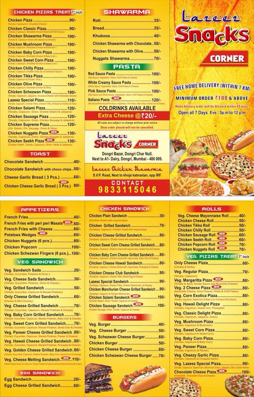 Menu at Lazeez Snacks Corner, Mumbai, Dongri Bazar