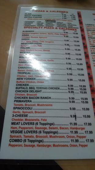 Menu at Lazer's Pizza pizzeria, Surfside Beach