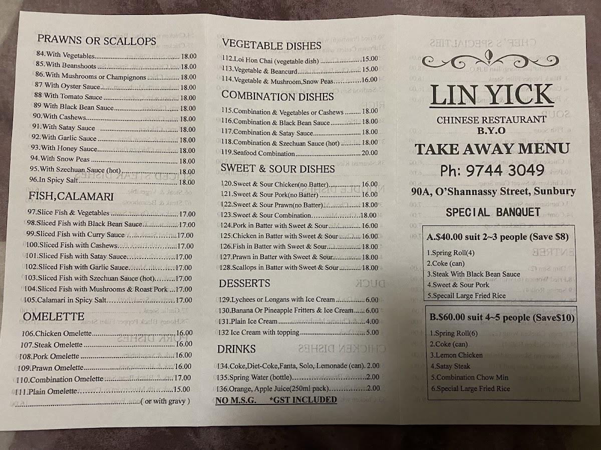 Menu at Lin Yick Restaurant, Sunbury