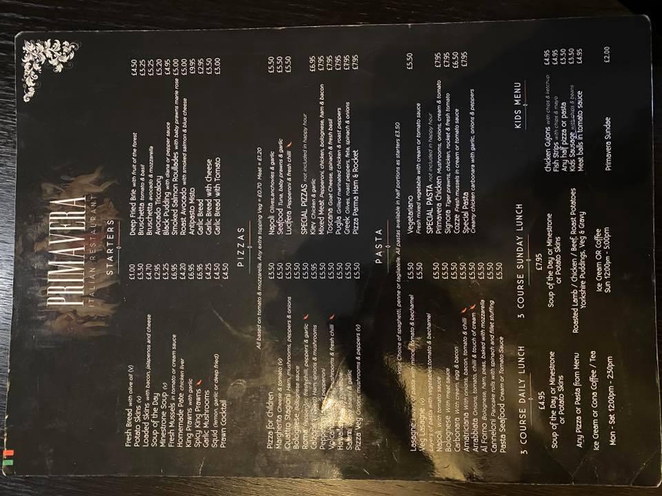 Menu at Primavera restaurant, Gateshead