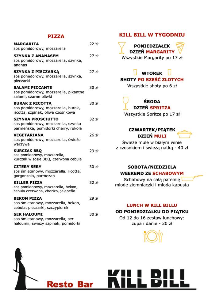 Menu at Resto Bar Kill Bill, Warsaw, Aleja Komisji Edukacji Narodowej 95
