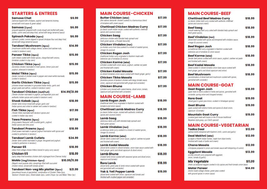 Carta de The Yak & Yeti Restaurant, Bar, Reception, Lalor