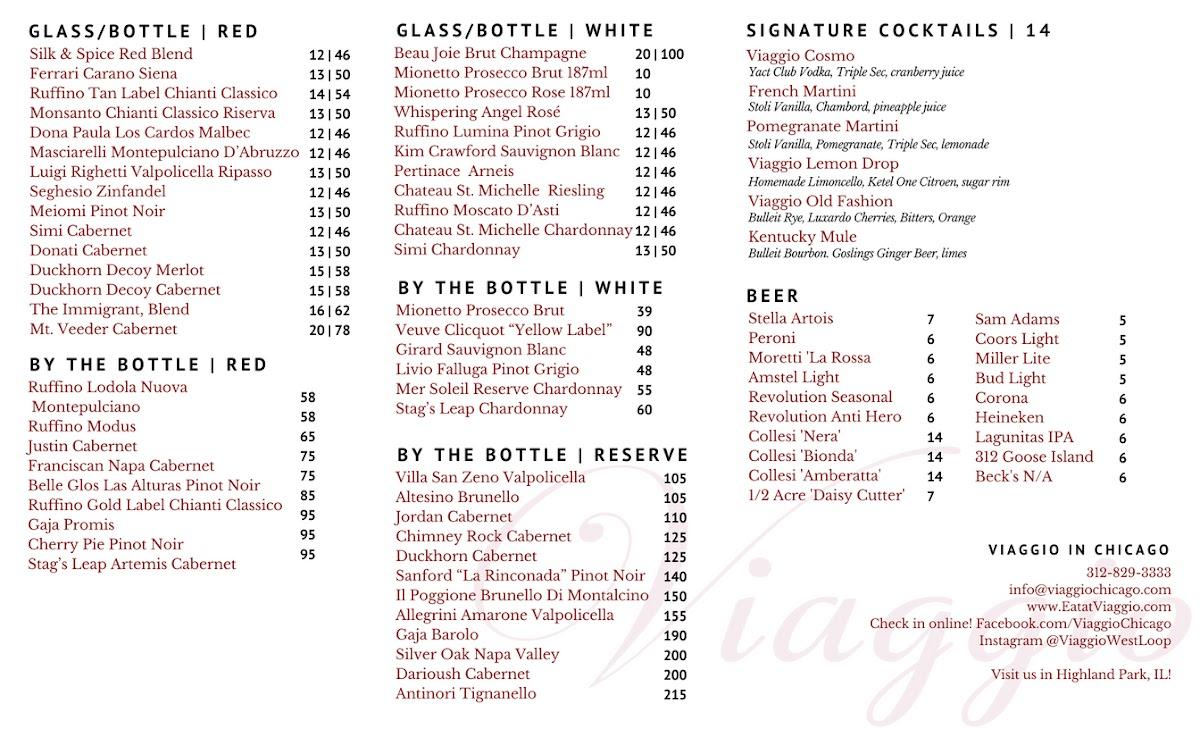 Menu at Viaggio Restaurant Chicago, Chicago, W Madison St