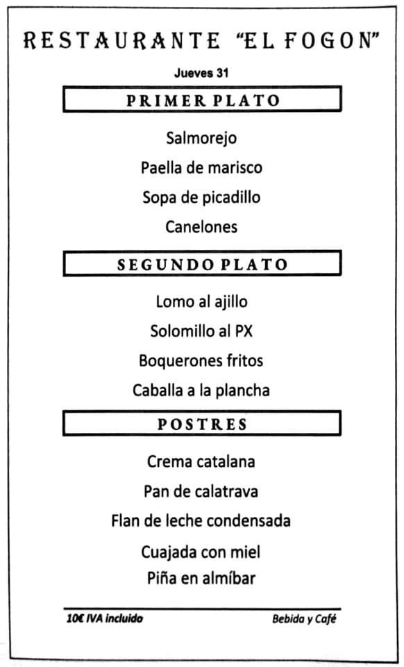 Menu at Restaurante El Fogon, Sorbas