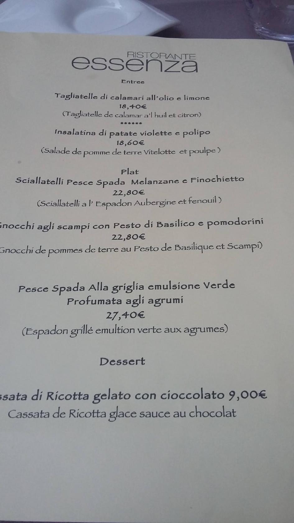 Menu at Ristorante Essenza restaurant, Luxembourg City