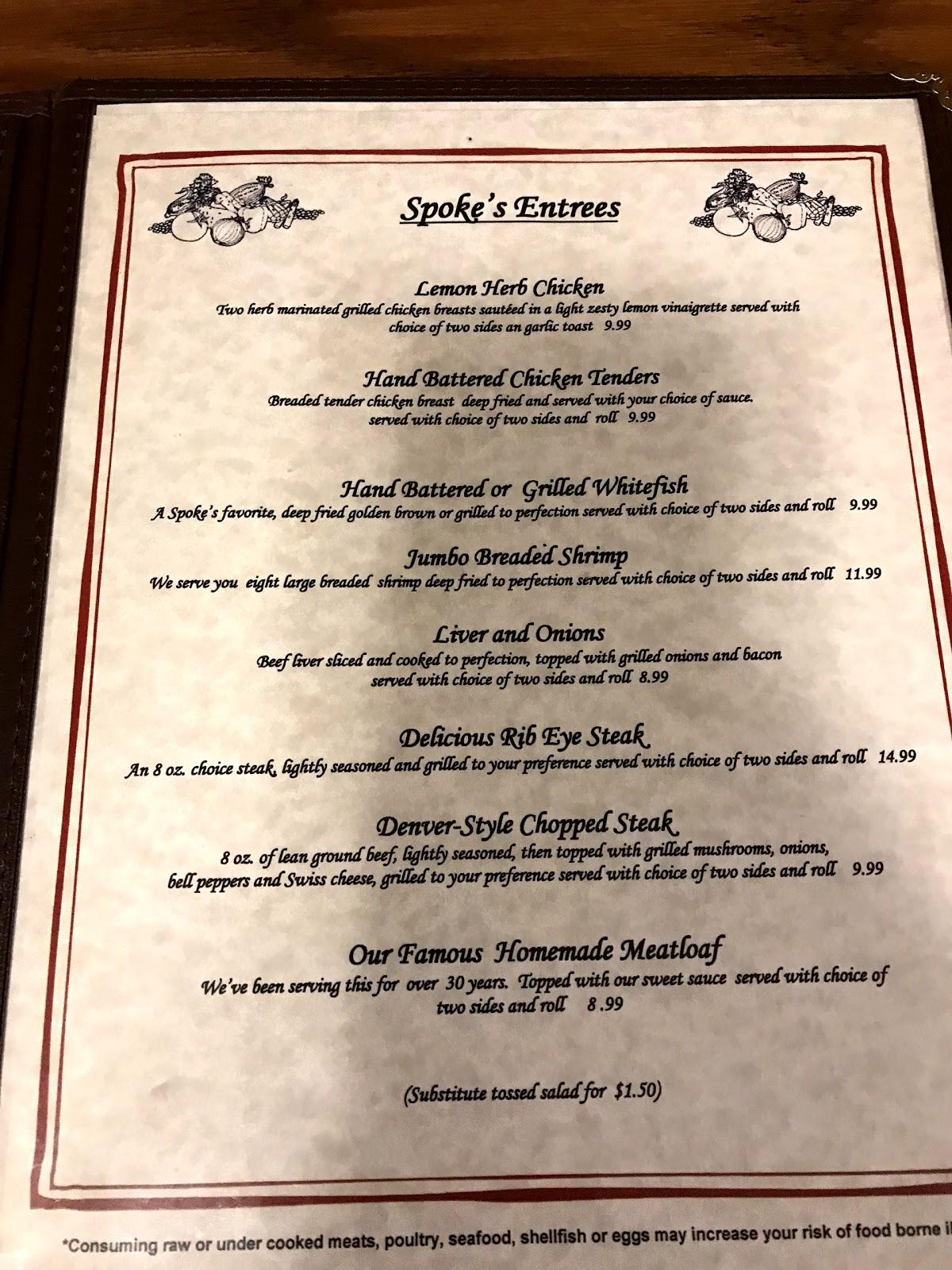 Menu at Spoke's Country Kitchen restaurant, Pioneer