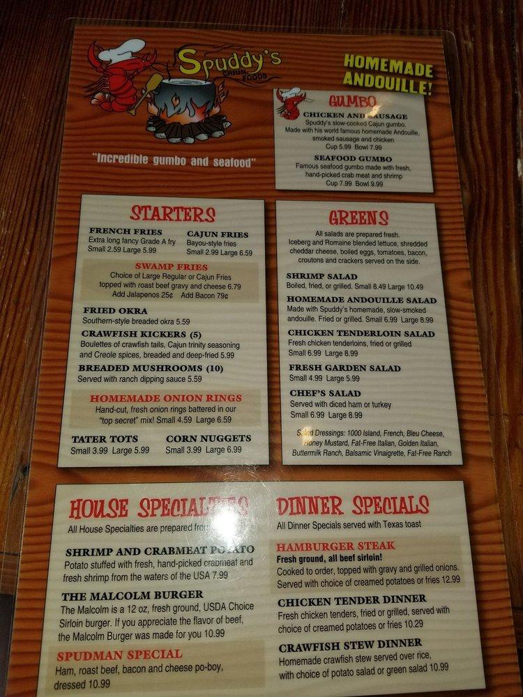 Menu at Spuddy's Cajun Foods restaurant, Vacherie