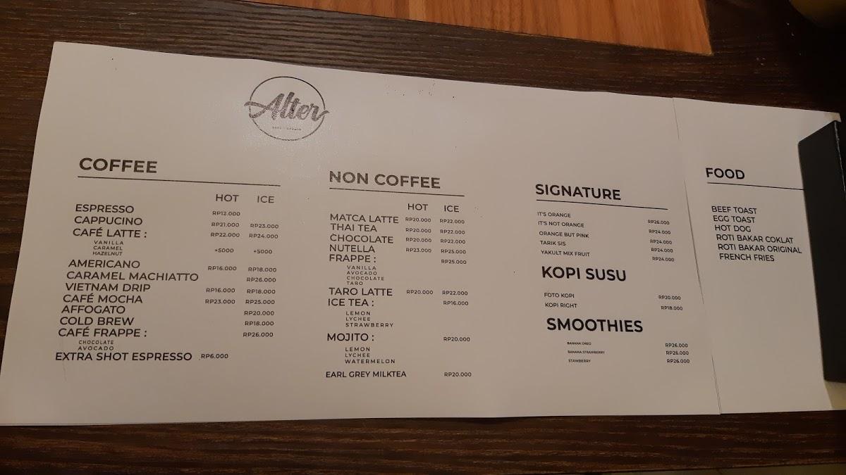 Menu at Alter Café & Studio cafe, Padang